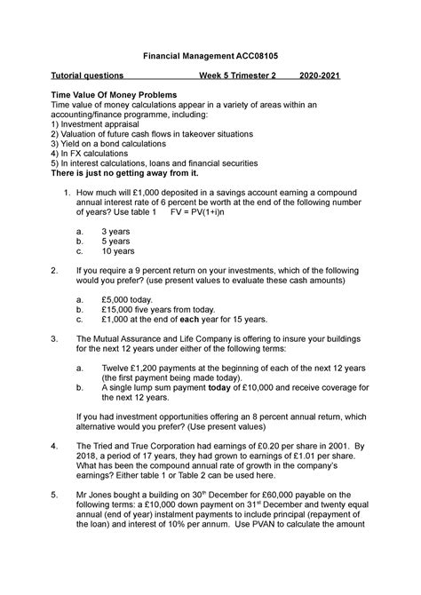 Week 5 Tvm Tutorial Questions Financial Management Acc Tutorial Questions Week 5 Trimester 2