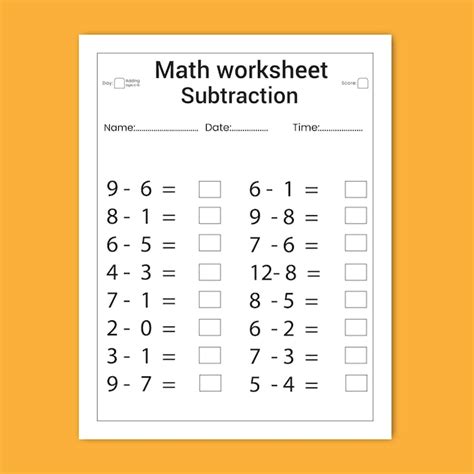 아이들을 위한 수학 워크시트 빼기 프리미엄 벡터