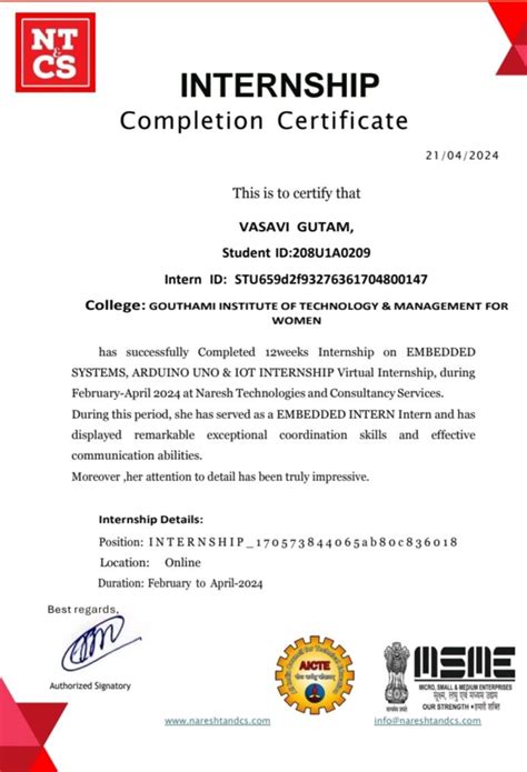 Vasavi Gutam On Linkedin I Am Glad To Share My Internship Completion Certificate On Embedded