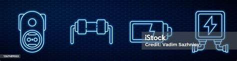 세트 라인 배터리 충전 레벨 표시기 전기 콘센트 저항기 전기 및 전기 변압기 벽돌 벽에 빛나는 네온 아이콘 벡터 배터리 전원에 대한 스톡 벡터 아트 및 기타 이미지 Istock