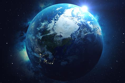 3d 렌더링 공간에서 지구를 통해 네트워크와 데이터 교환 연결 라인 지구 지구 주위 블루 일출입니다 글로벌 국제 연결입니다 Nasa에서 제공 하는이 이미지의 요소 3차원