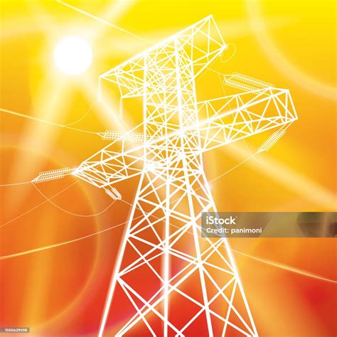 고전압 전송 시스템 전주 햇빛이 빛납니다 에너지 철탑 전력선 상호 연결된 전기 네트워크 흰색은 노란색 배경에 그림을 윤곽선으로 표시합니다 벡터 디자인 0명에 대한 스톡 벡터