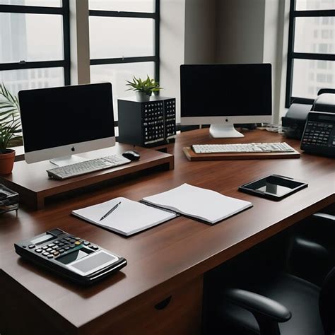 Office Setup With Calculators In A Shared Workspace Setting Premium