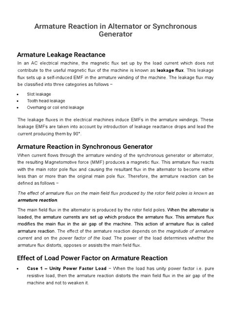 Armature Reaction In Alternator Or Synchronous Generator Pdf Electric Generator