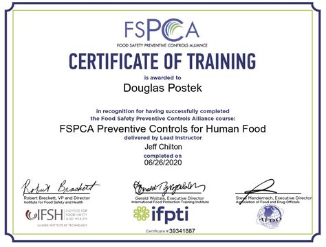 Fspca Certificate Of Training Human Food 2020 Postek — Postimages