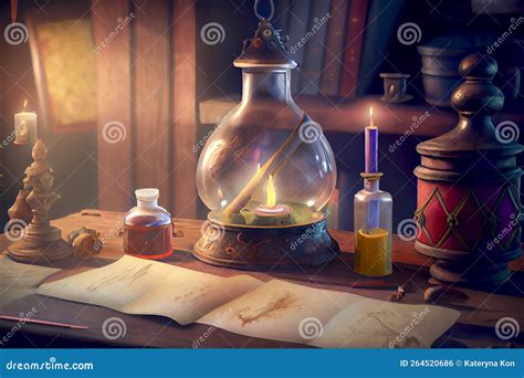 alchemist worktable wizard laboratory generative ai illustration