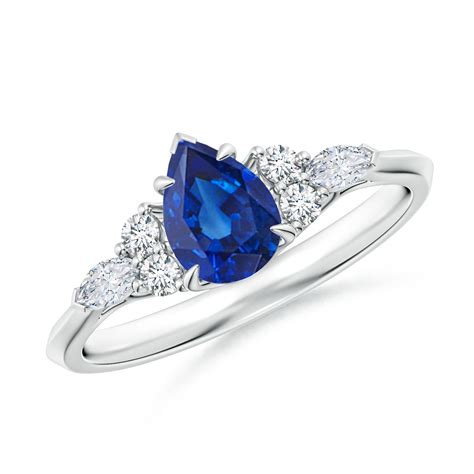 Pear Shape Blue Sapphire Side Stone Engagement Ring With Diamonds