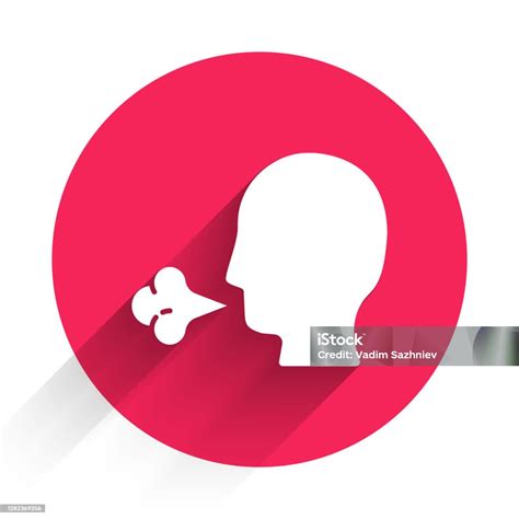 긴 그림자로 고립 된 화이트 맨 기침 아이콘 바이러스 감염 인플루엔자 독감 감기 증상 결핵 유행성 이하선염 백일해 빨간색 원 버튼입니다 벡터 일러스트레이션 가공의 인물에