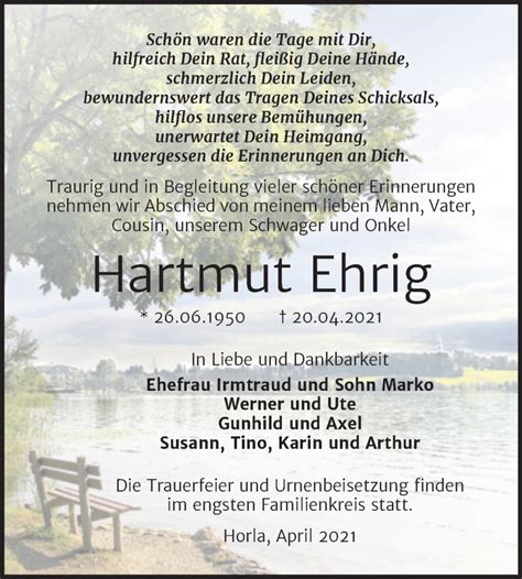 Traueranzeigen Von Hartmut Ehrig Abschied Nehmen De