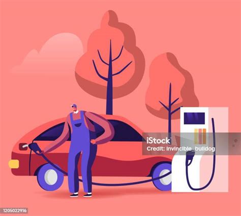 주유소 노동자는 자동차에 연료를 붓는 충전 총을 개최합니다 주유소 에서 작업복에서 직원 자동차를 급유 드라이버에 대한 전송 가솔린 서비스 만화 플랫 벡터 일러스트