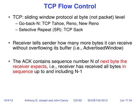 Ppt Cs162 Operating Systems And Systems Programming Lecture 17 Tcp Flow Control Reliability