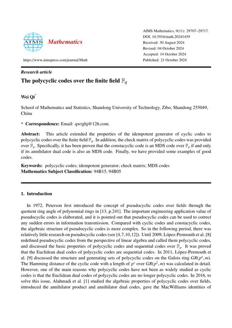 Pdf The Polycyclic Codes Over The Finite Field Mathbb F Q