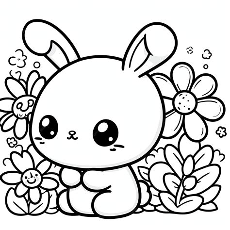 쉬운 색칠놀이 모험 아기 토끼와 꽃의 행복 프리미엄 벡터