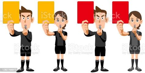 레드 카드와 옐로우 카드를 보여주는 축구 심판 남자와 여자의 세트 심판원에 대한 스톡 벡터 아트 및 기타 이미지 심판원