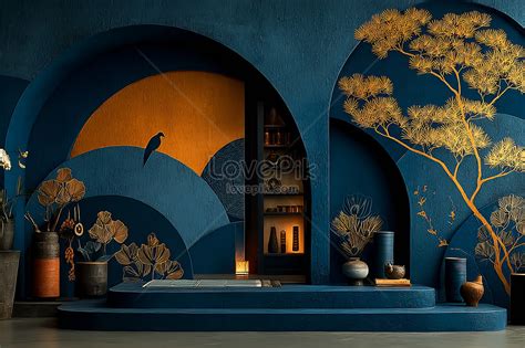 인테리어 디자인이있는 진한 파란색 배경 벽