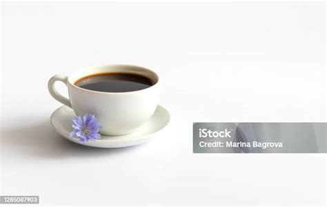 작은 컵의 치커리 음료와 흰색 배경에 고립 된 파란색 치커리 꽃 커피 대용품 커피 마실 것에 대한 스톡 사진 및 기타 이미지 커피 마실 것 대체 치커리 Istock