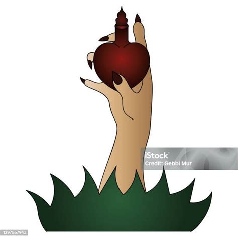 마녀의 손은 주홍 심장 모양의 배를 들고 있다 사랑 물약 의 병 컬러 벡터 그림입니다 격리된 흰색 배경입니다 발렌타인 사랑 물약 날카로운 손톱을 가진 긴 손가락이 땅에서
