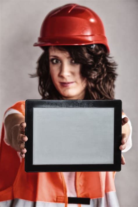 Girl In Safety Helmet Showing Tablet Stock Image Image Of Showing
