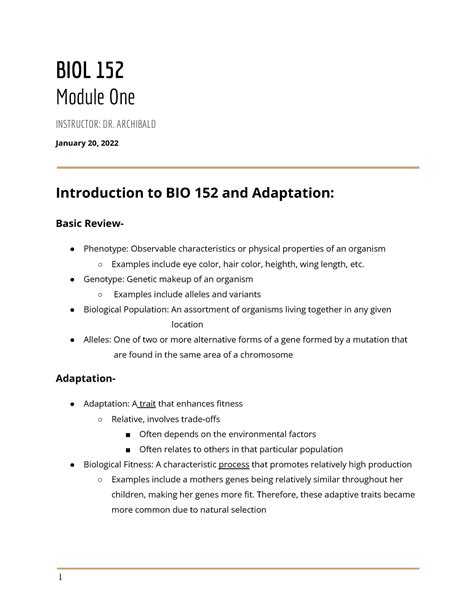 Biol 152 Module 1 Addison Cheatham Biol 152 Module One Instructor Dr Archibald January 20