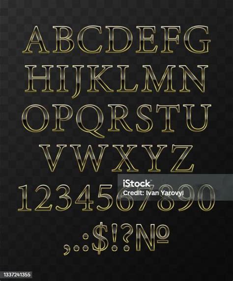 골드 글꼴 번호와 문자 알파벳 타이포그래피 3d 골드 효과가 있는 벡터 골든 글꼴 타입 금속에 대한 스톡 벡터 아트 및 기타 이미지 금속 단일 이미지 대문자 Istock