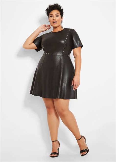 Plus Size Studded Pleather Dress Black Women Fashion Plus Size