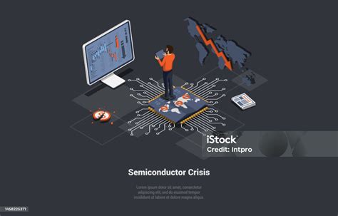 반도체 위기 개념 경제 위기 제조를 위한 마이크로칩 적자 남성 캐릭터 공장 엔지니어는 마이크로칩 프로그래밍을 위해 컴퓨터를 사용합니다 아이소메트릭 만화 3d 벡터 일러스트