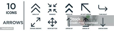 화살표 개요 아이콘 세트에는 가는 선 각도 위로 각도 위로 우회전 이동 버튼 위쪽 화살표 아래쪽 화살표 보고서 프레젠테이션 다이어그램 웹 디자인에 대한 확장 화살표 아이콘이