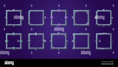 Set Of Square Ui Game Frames Textured Medieval Jagged Metal Borders Cartoon Empty Steel