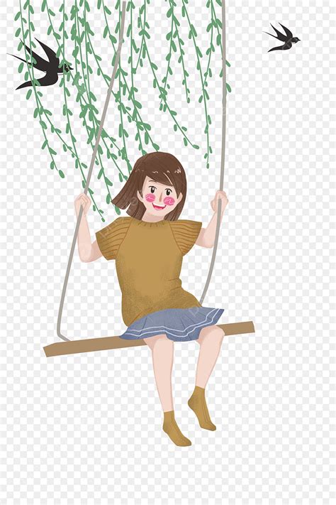 칭 명나라 축제 문자 그림 그네 소녀 일러스트 녹색 잎 낚시 버드 나무 스윙 소녀 칭 PNG 일러스트 및 PSD 이미지