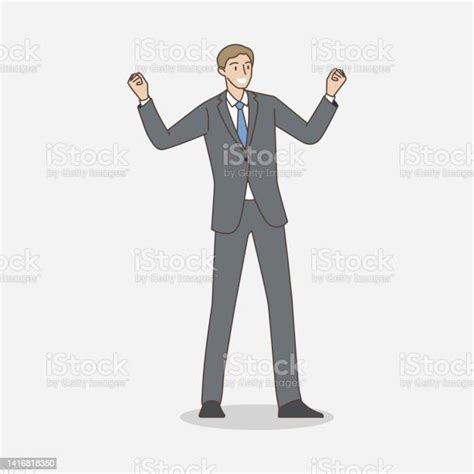 몸짓으로 긍정적 인 감정을 보여주는 사업가가 주먹을 쥐었다 경영자에 대한 스톡 벡터 아트 및 기타 이미지 경영자 경외감 경쟁 Istock