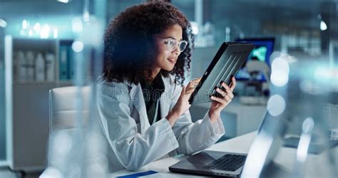 Tablet Laptop And Woman Scientist In Lab Working On Medical Research Project Or Experiment