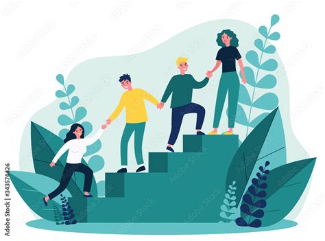 Happy Young Employees Giving Support And Help Each Other Flat Vector