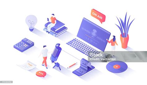 팟 캐스트 녹음 온라인 쇼 블로깅 라디오 방송 인터넷 웹 사이트의 팟 캐스팅 라디오 호스트 작업장 마이크 헤드폰 믹서 웹 그래프를 위한 사람 장면이 있는 Isometry