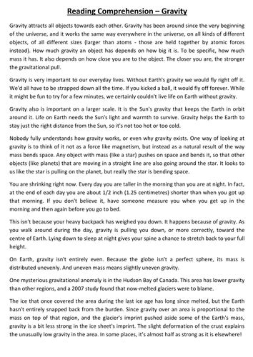 Science Based Ks2 Ks3 Vcop Reading Comprehension Worksheets Gravity Teaching Resources