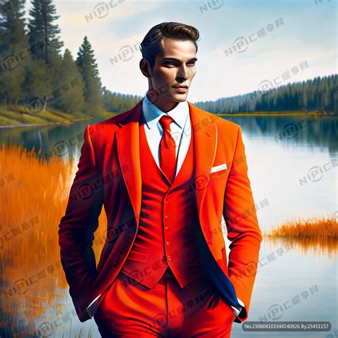 AI创作图桔红色的西服自然敞开 展现出红白相间的绒衣 湖蓝色的紧身长裤 衬托出修长的腿 既蒲洒又富有美感你的装扮是成功的nipic 昵图网
