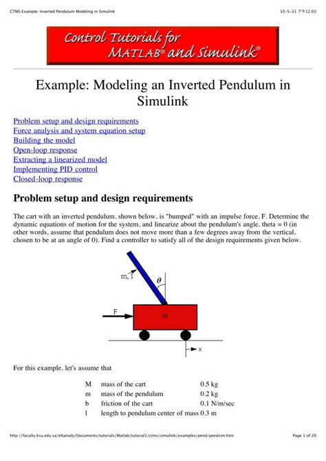 Pdf Ctms Example Inverted Pendulum Modeling In Cart With An
