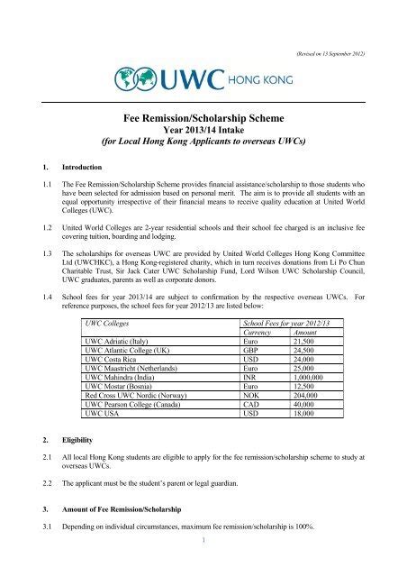Uwc Fee Remission Scholarship Scheme Li Po Chun United