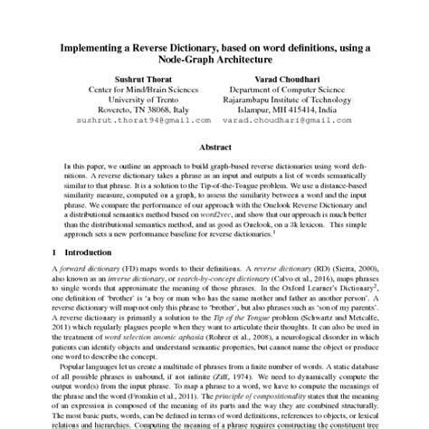 Implementing A Reverse Dictionary Based On Word Definitions Using A Node Graph Architecture