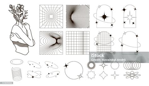 디자인을위한 복고풍 미래 지향적 인 요소 Y2k 스타일의 추상 그래픽 기하학적 기호와 개체의 큰 컬렉션입니다 메모 포스터 배너 스티커 명함 로고에 대한 템플릿 포스터에 대한