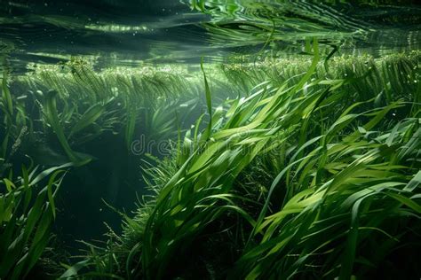 Underwater Grass Long Seaweed In Dark River Water Overgrown Stream