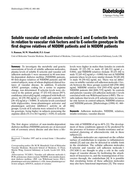 Pdf Soluble Vascular Cell Adhesion Molecule 1 And E Selectin Levels In Relation To Vascular