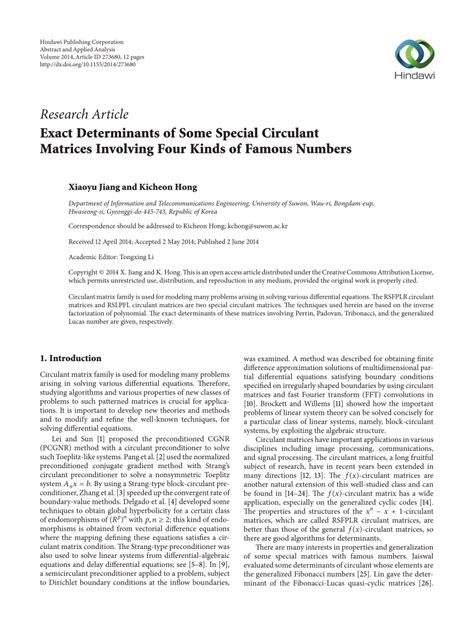 Pdf Exact Determinants Of Some Special Circulant Matrices Involving Four Kinds Of Famous Numbers