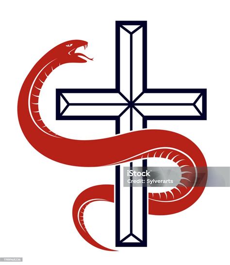 뱀은 기독교 십자가 선과 악 성자와 죄인 사랑과 증오 삶과 죽음 상징적 인 벡터 일러스트 로고 엠블럼 또는 문신 사이의 투쟁을