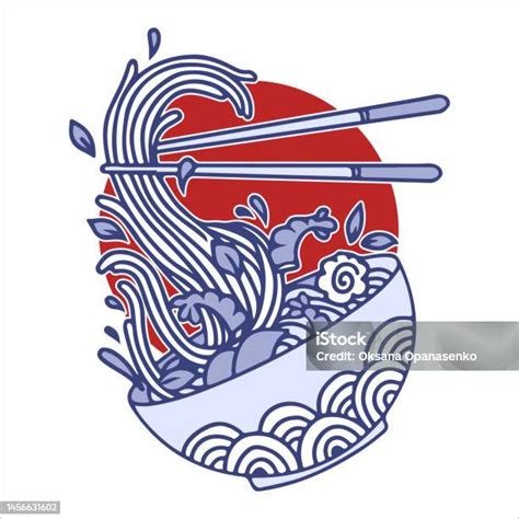 라면과 스프 국수 벡터 그림입니다 질감이 있는 태양 빨간색 원의 전통적인 아시아 일본 음식 벡터 일러스트 레이 션 궁중팬에 대한