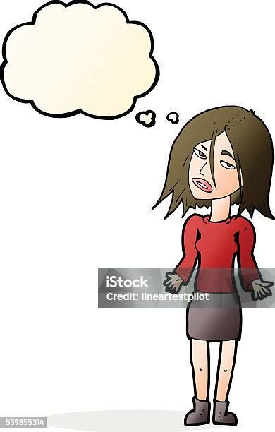 말풍선이 있고 어깨를 으쓱하는 여자 만화 캐릭터 귀여운에 대한 스톡 벡터 아트 및 기타 이미지 귀여운 그리기 기이함 Istock