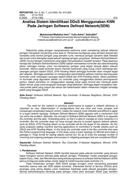 Pdf Analisa Sistem Identifikasi Ddos Menggunakan Knn Pada Jaringan Software Defined Network Sdn