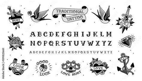 Old School Tattoo Designs And Rock Style Font Retro Tattoo Designs Set
