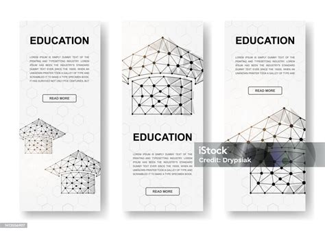 세 개의 졸업 캡 다각형 수직 배너 세트 연결된 점이있는 3d E 학습 낮은 폴리 기호 홈페이지 디자인을 위한 수직 그림 교육에