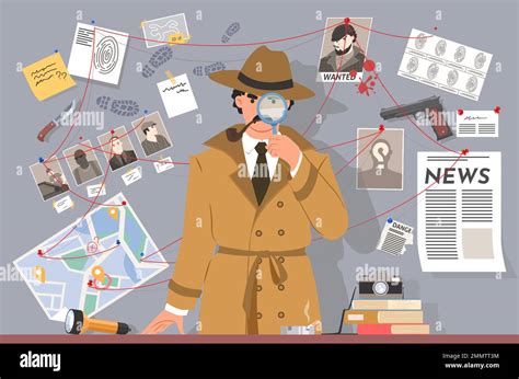 Detective With Magnifying Glass In Office Vector Stock Vector Image