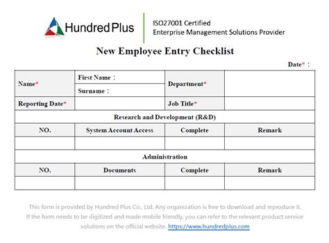 ExampleForm New Employee Entry Checklist 101Form Net